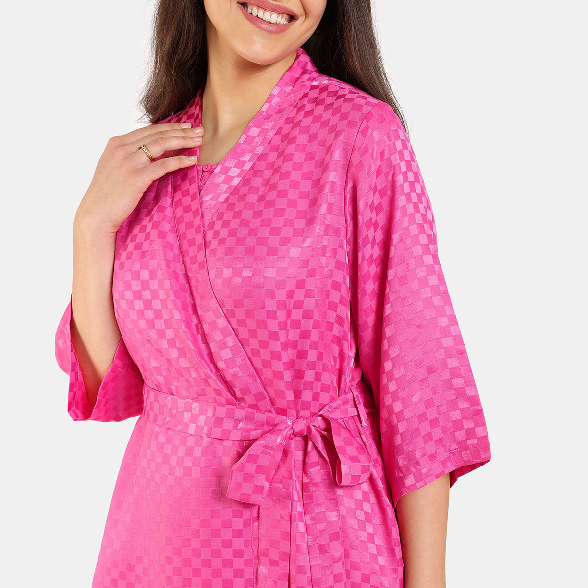 Zivame Checkered Sheen Woven Robe - Pink Yarrow (Set of 2): Buy Zivame ...