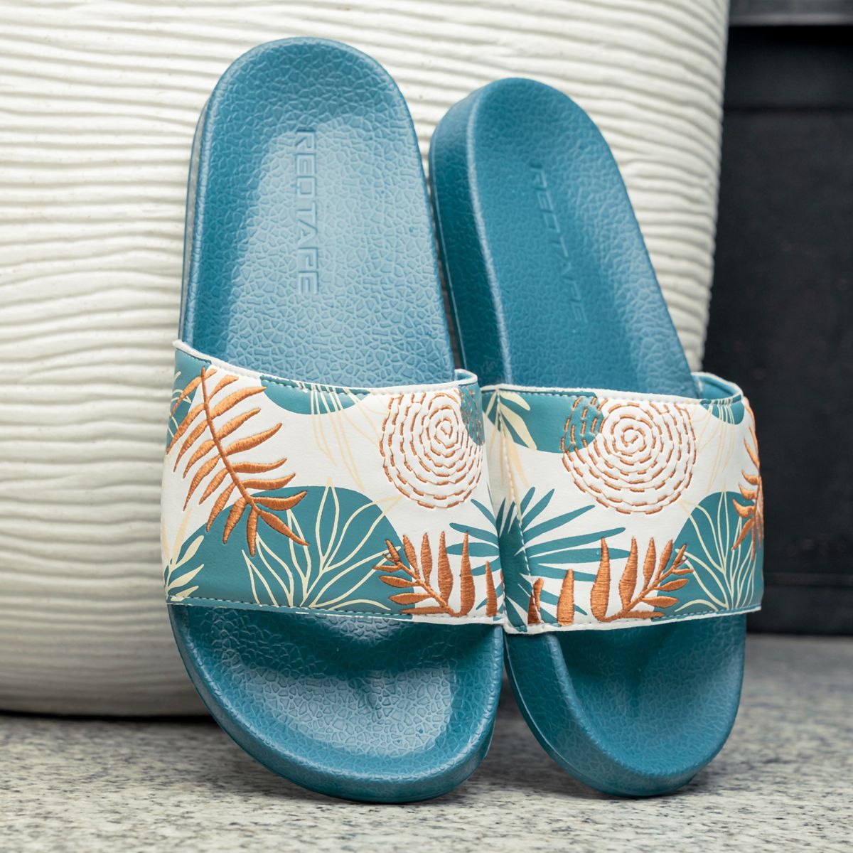 Buy Red Tape Women's Printed Navy Blue Sliders Online