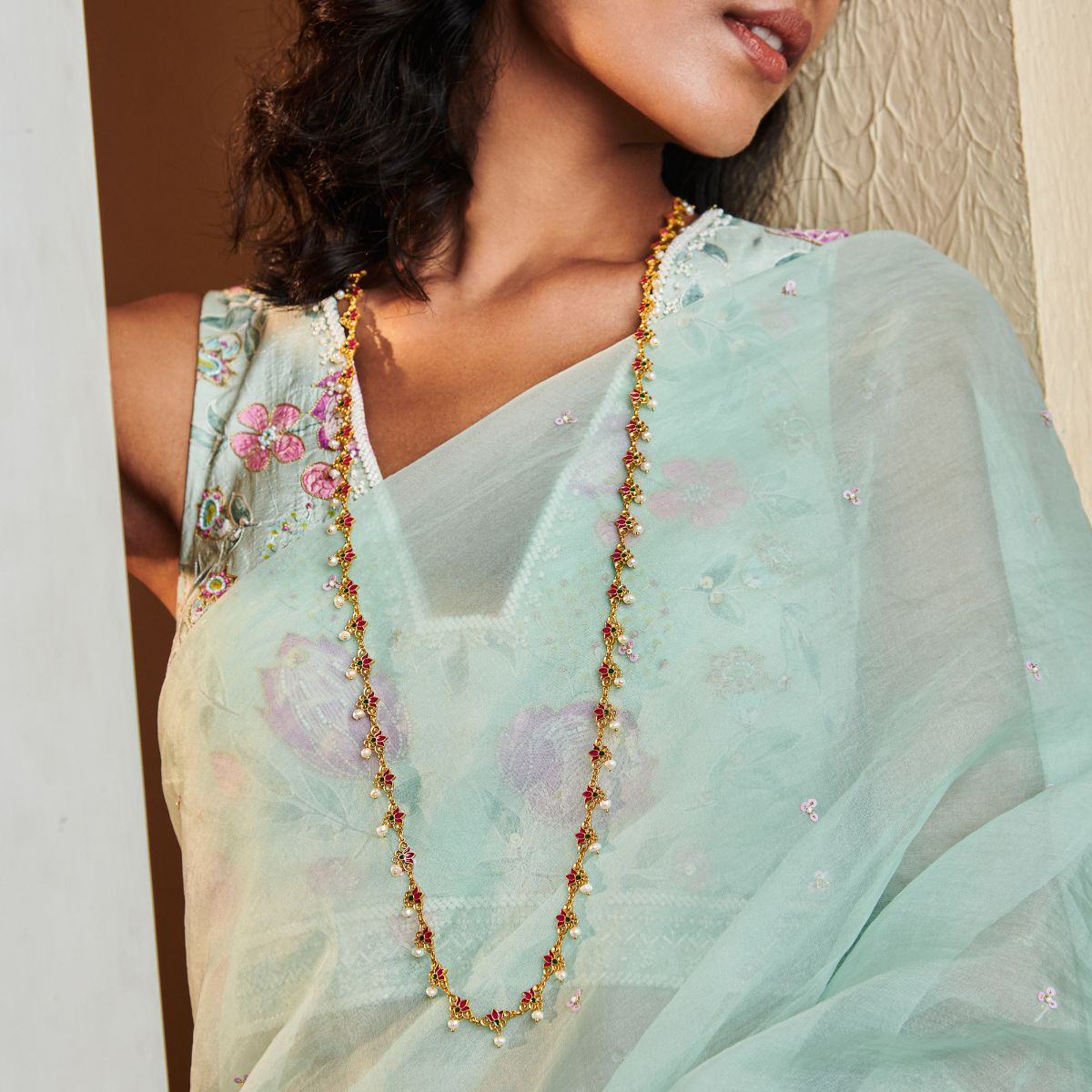 Buy ZARIIN 22KT Gold Dipped in Pink Enamel Threads of Lotus Long ...