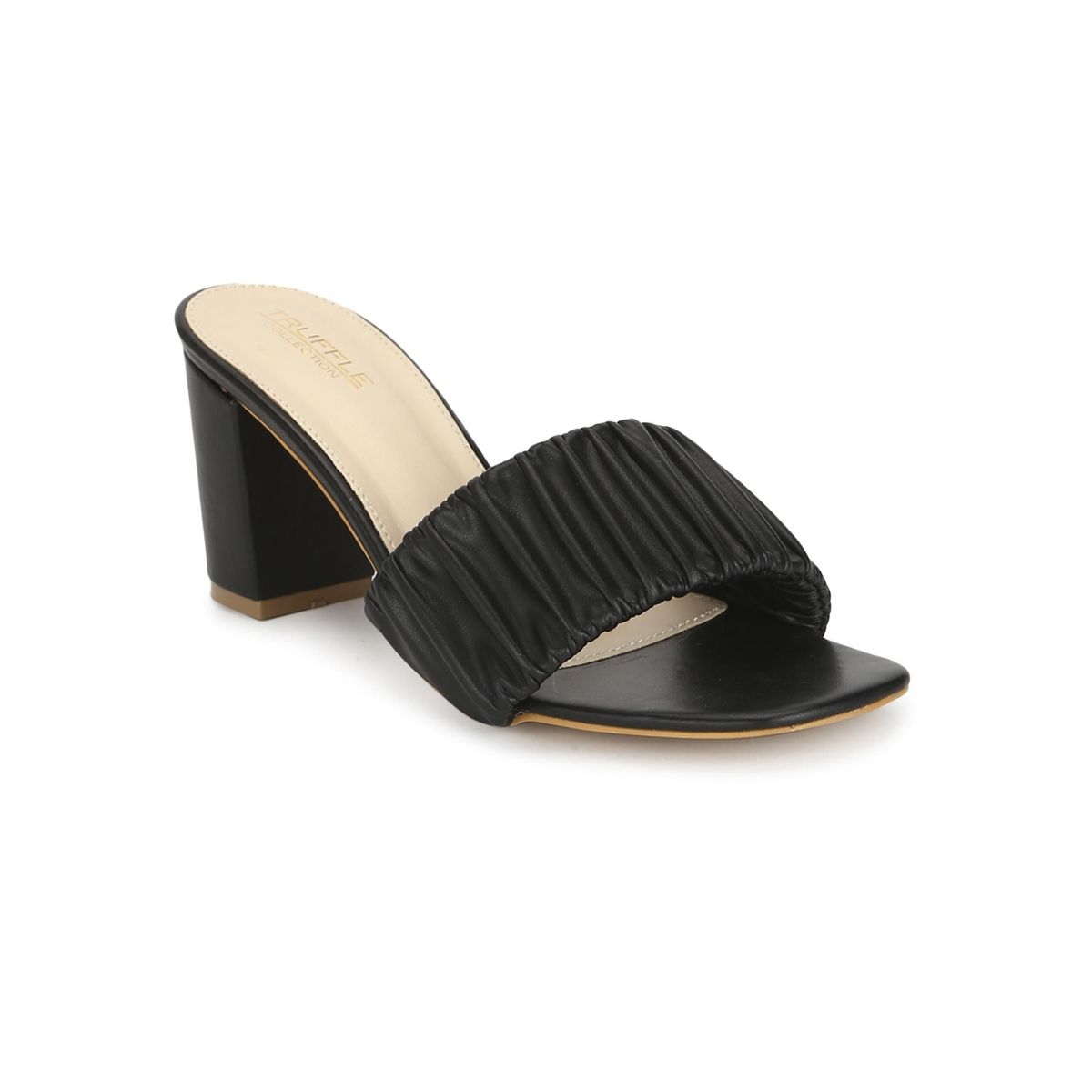 Buy Truffle Collection Black PU Wrinkled Block Heel Mules Online