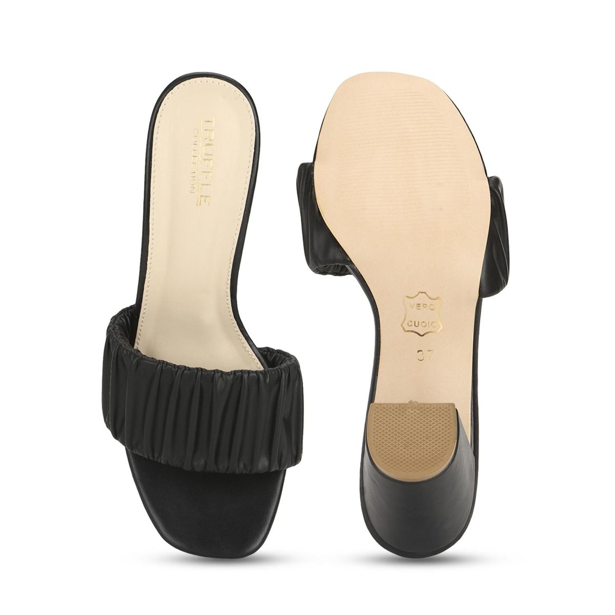 Buy Truffle Collection Black PU Wrinkled Block Heel Mules Online