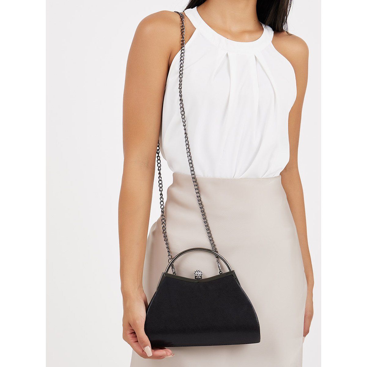 Buy Styli Women's Black Textured Top Handle Clutch Bag with Embellished ...