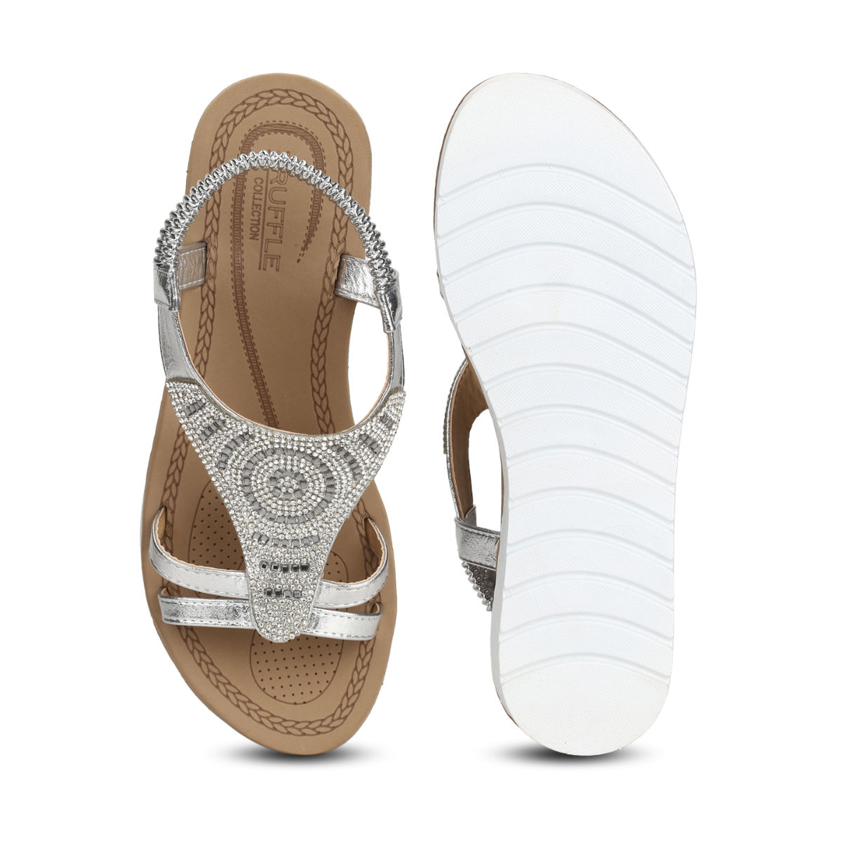Buy Truffle Collection Silver Met Diamante Double Strap Platform Slip ...