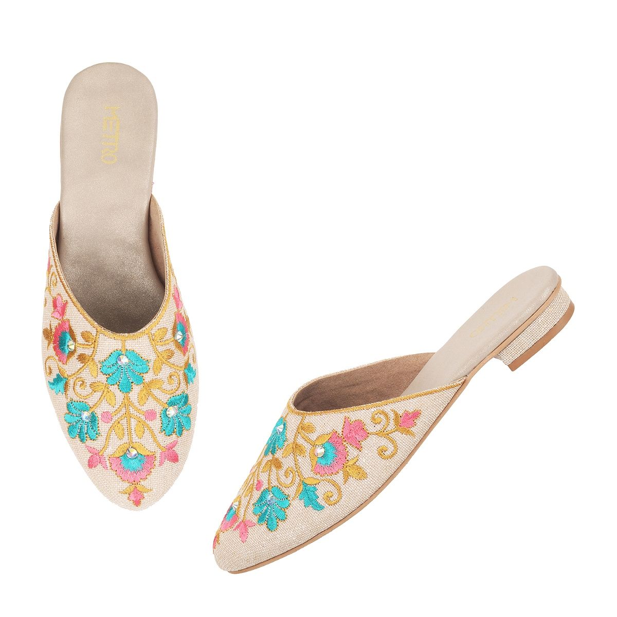 Buy Metro Womens Beige Mules Metro Beige Beaded Embroidered Women Mules ...