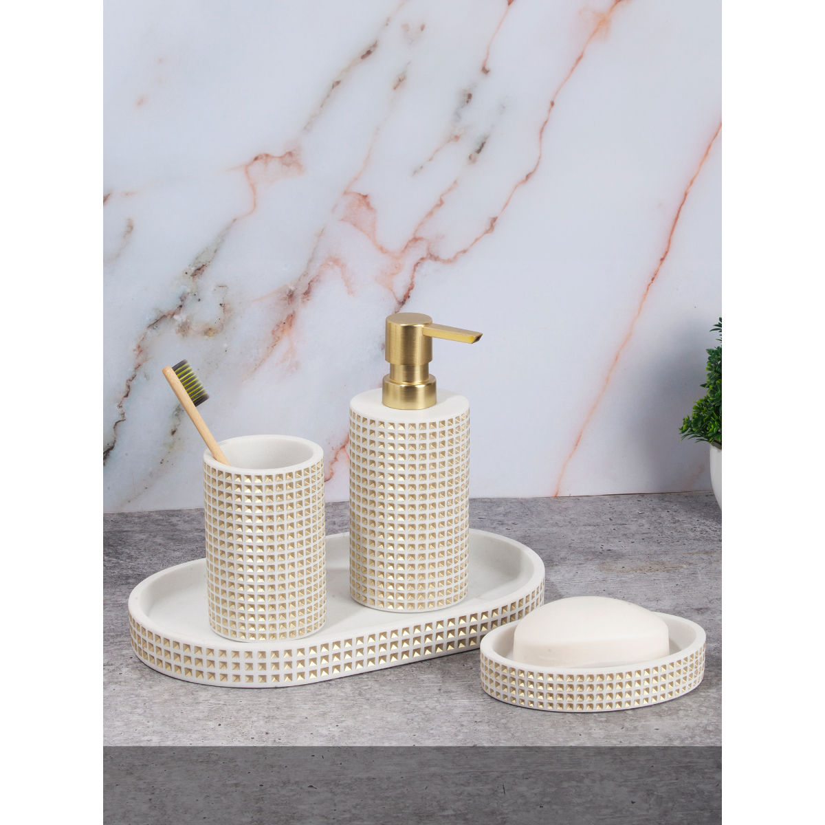 Buy OBSESSIONS Set of 4 Pc Polyresin Bathroom Set, Gold Online