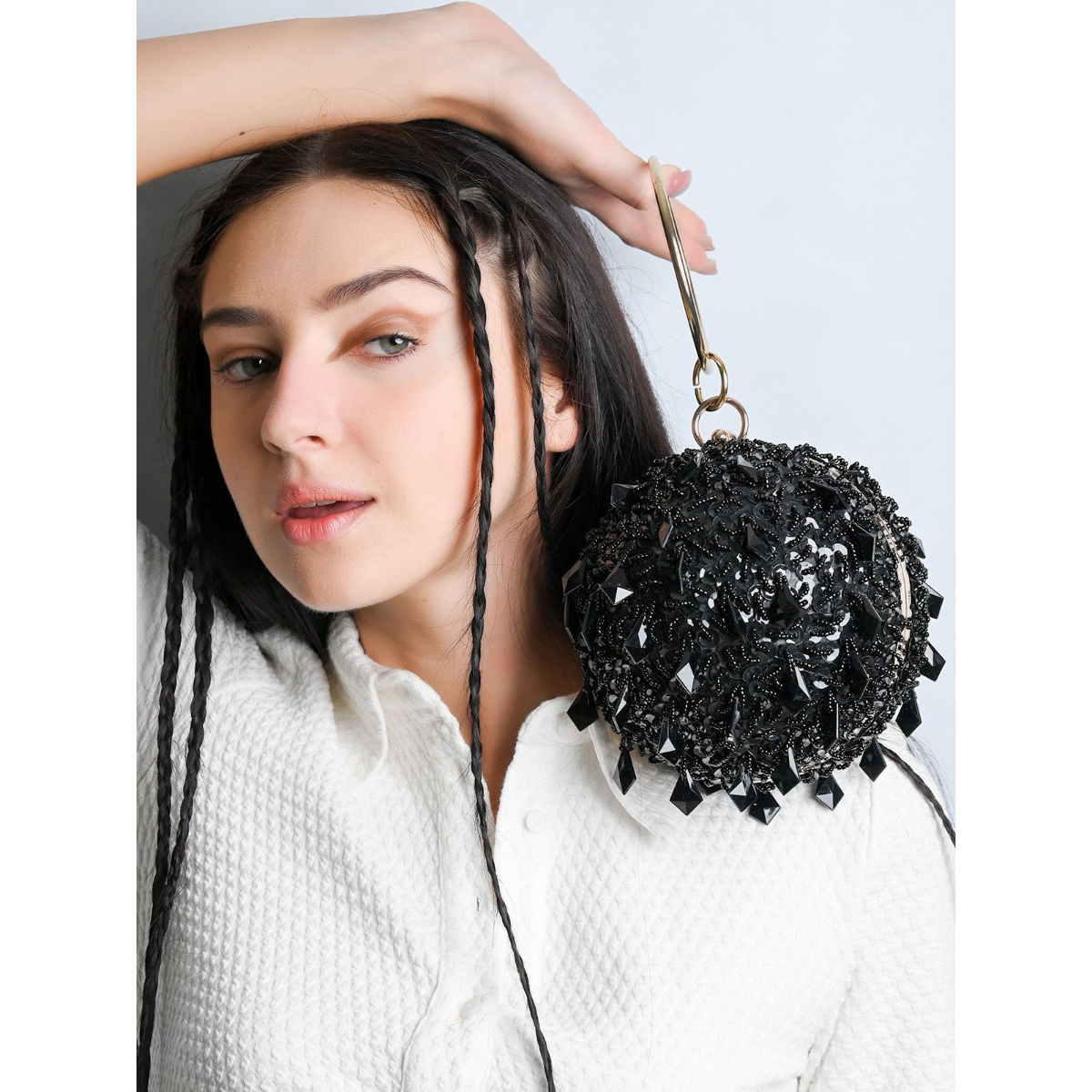 Buy Odette Coal Black Round Clutch Bag Online