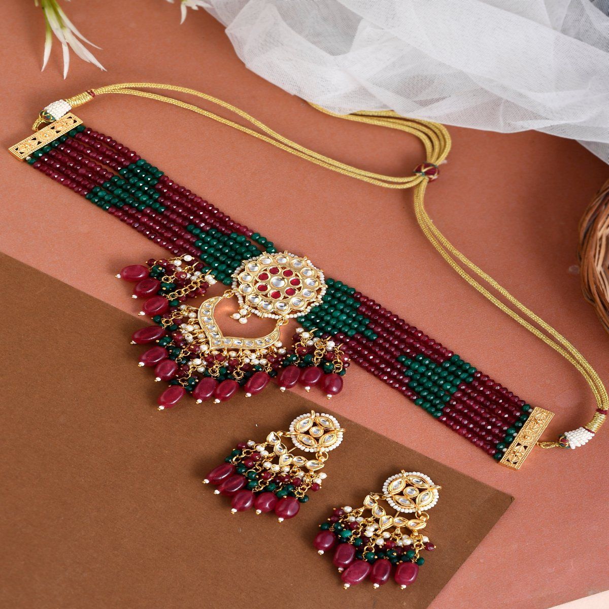Buy DASTOOR Womens Gold Plated Red Designer Necklace set Online