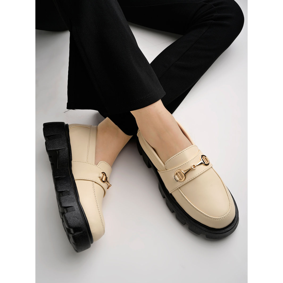 Buy Shoetopia Smart Casual Chain Detailed Cream Loafers for Women And ...