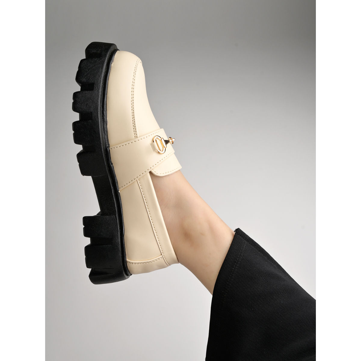 Buy Shoetopia Smart Casual Chain Detailed Cream Loafers for Women And ...