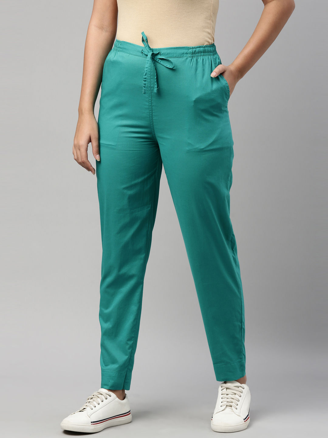 Buy Go Colors Women Peacock Solid Mid Rise Cotton Pants - Green Online
