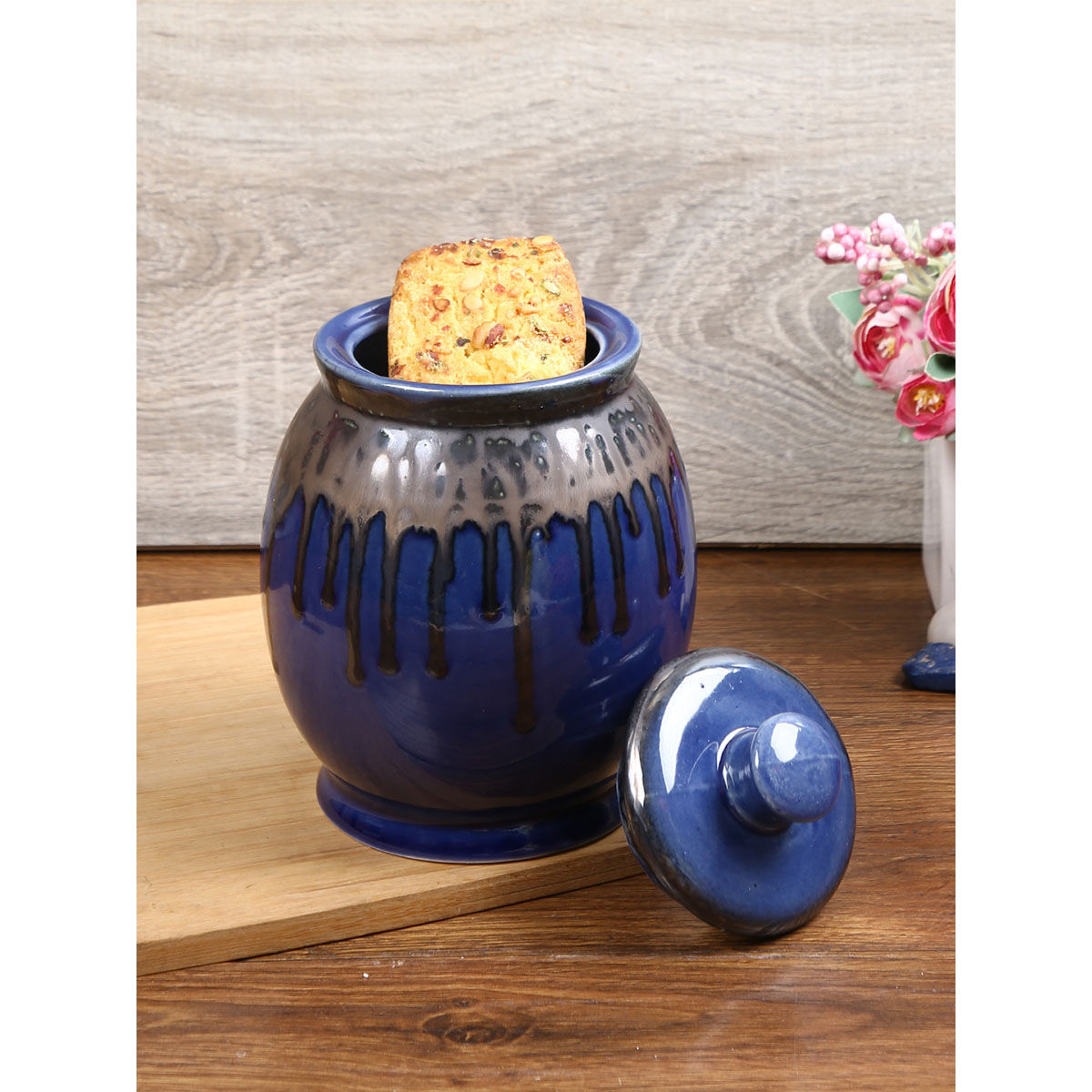 Buy AAPNO RAJASTHAN Circular Ceramic Handcrafted Storage Jar Blue Online