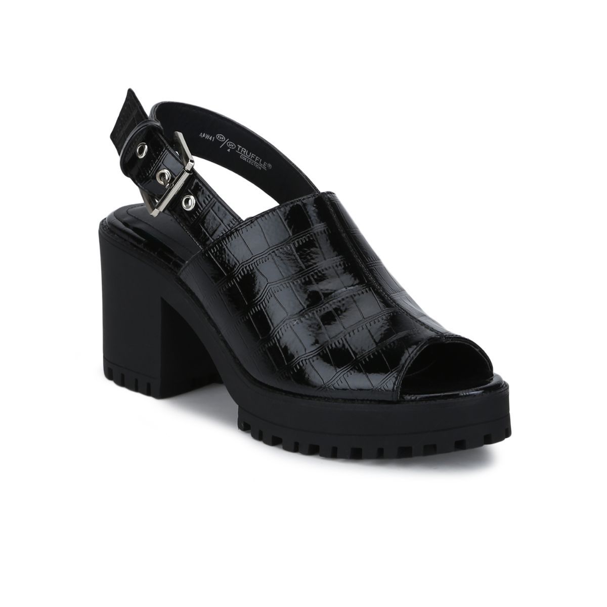 Buy Truffle Collection Black Croc Pat Peep Toe Block Heels Online