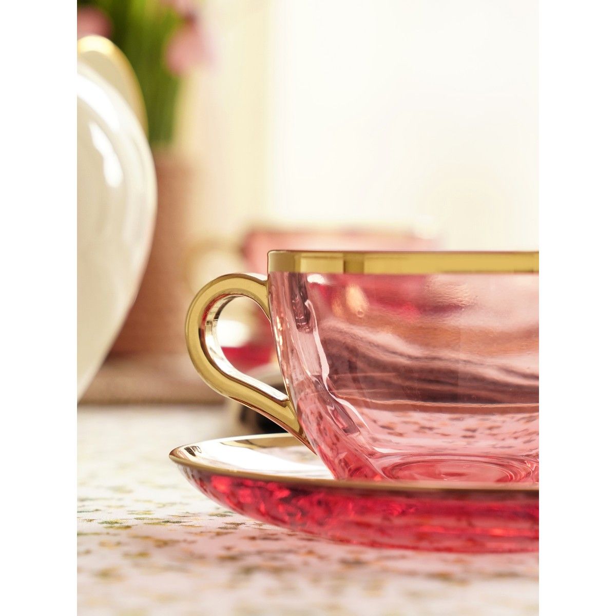 Buy Pure Home + Living Light Red Glass Gold Rim Tea Cups Saucers Online