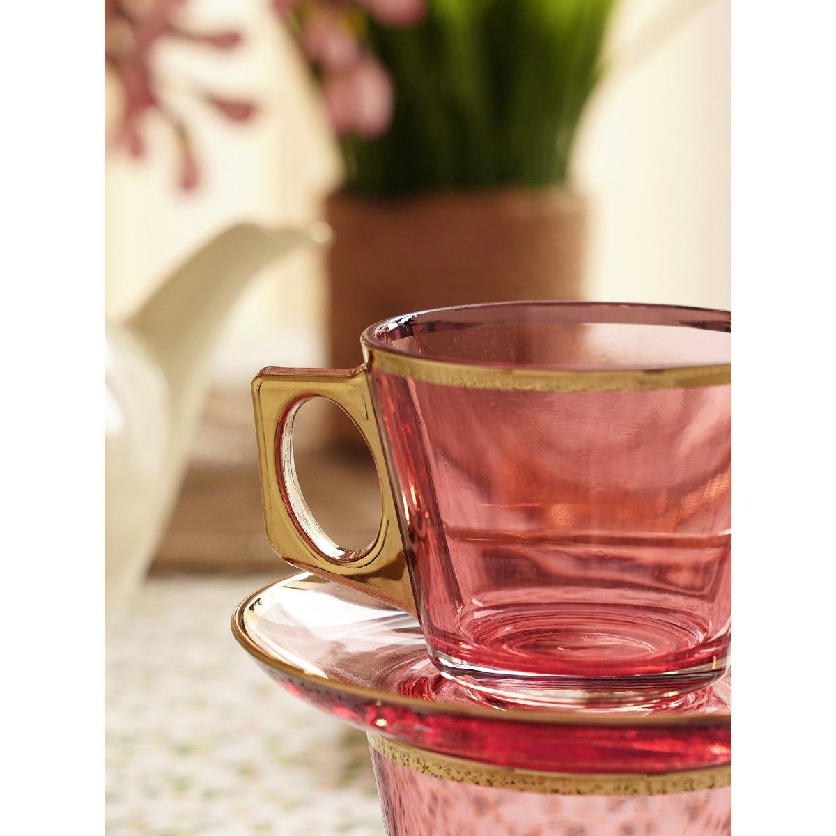 Buy Pure Home + Living Light Red Straight Glass Gold Rim Tea Cups ...