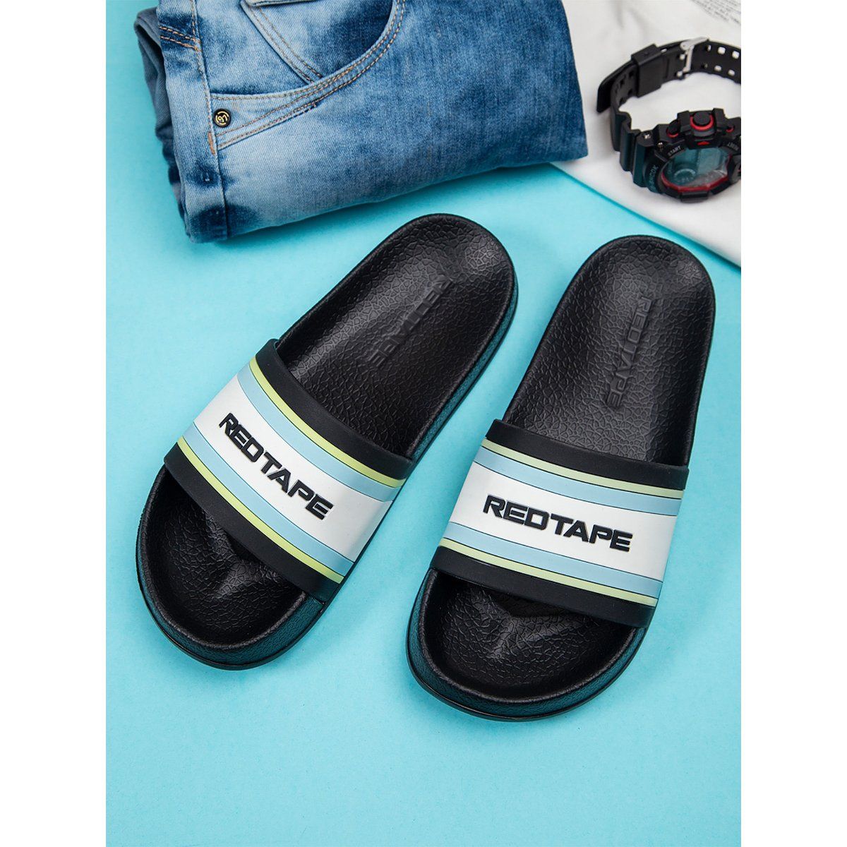 Buy Red Tape Solid Black Sliders Online