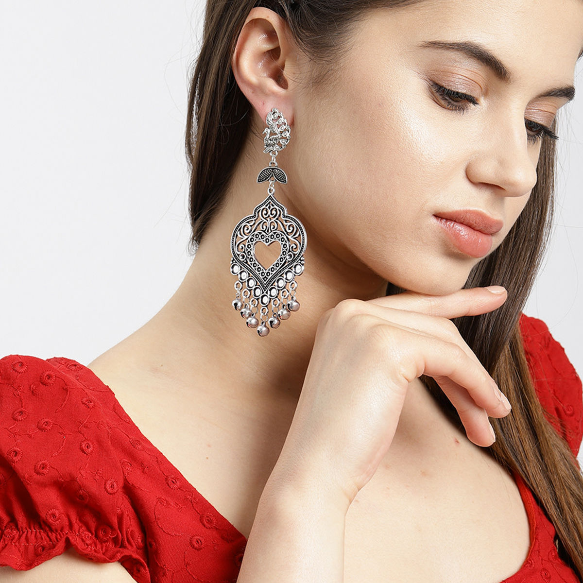 Fida Oxidised Silver Mor Heart Drop Earrings: Buy Fida Oxidised Silver ...