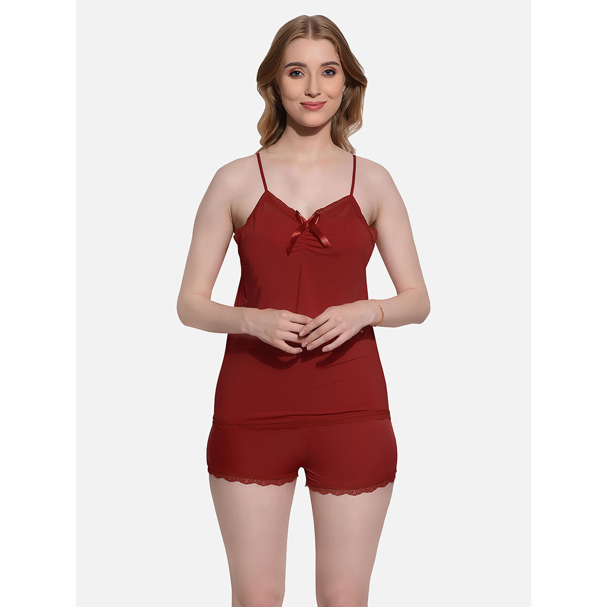 FIMS Women Maroon Satin Babydoll Top & Bottom Set Night Suit (Set of 2 ...