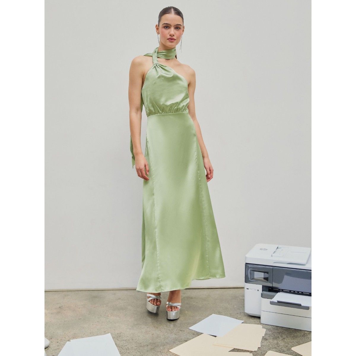 Buy Cider Satin Halter Neckline Backless Maxi Dress Online