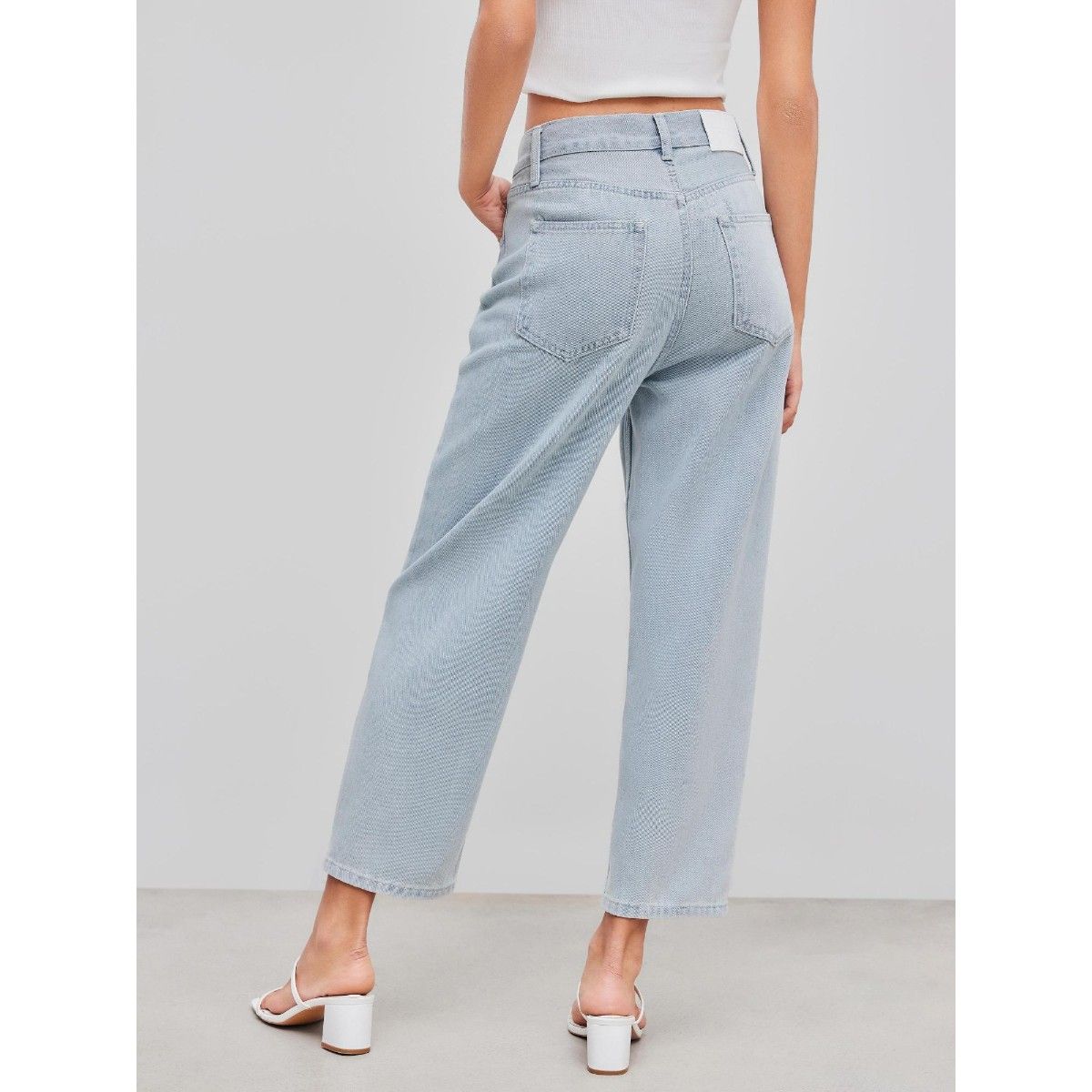 Buy Cider Baby Blue Denim Mid Rise Solid Barrel Leg Cropped Jeans Online