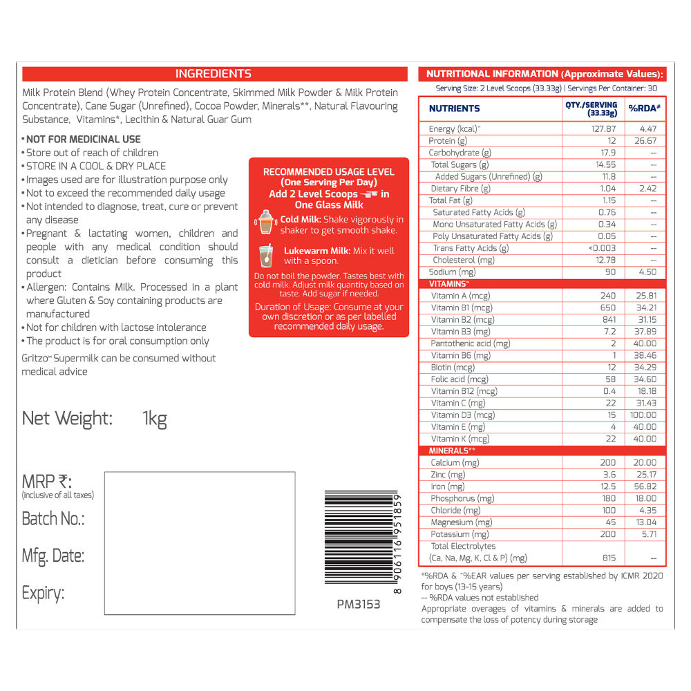 Buy Gritzo Super Milk 13+y: Teen Athletes Nutrition Drink - Natural ...