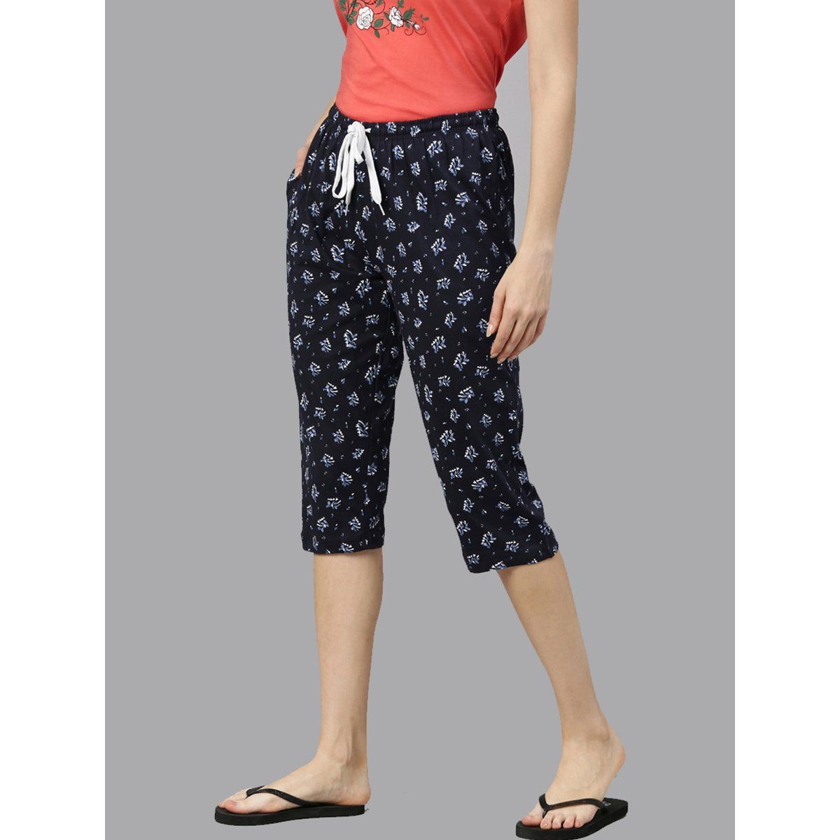Buy Kryptic Women Navy & Coral Printed Regular Fit Cotton Capris (Pack ...