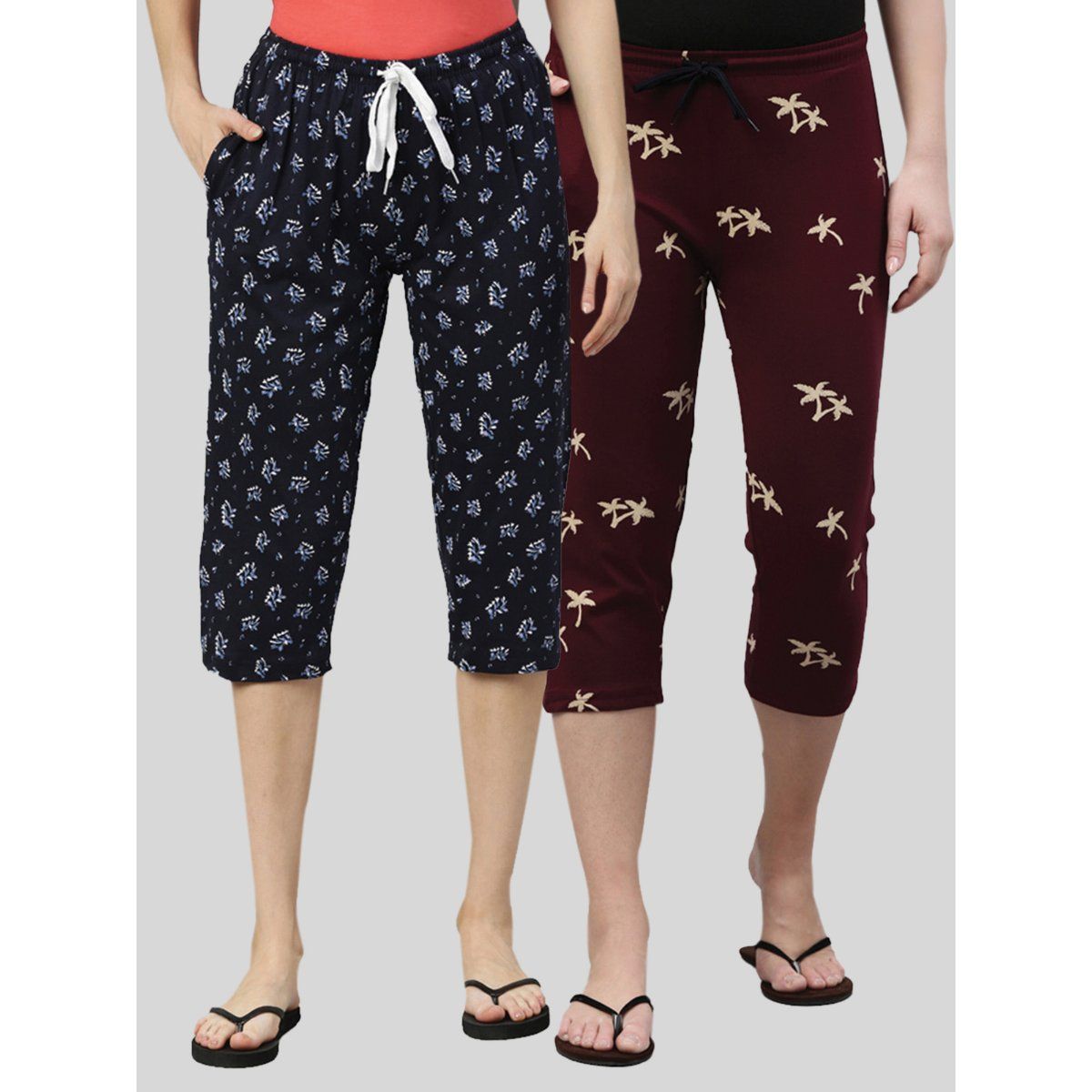 Buy Kryptic Women Maroon & Navy Printed Regular Fit Cotton Capris (Pack ...