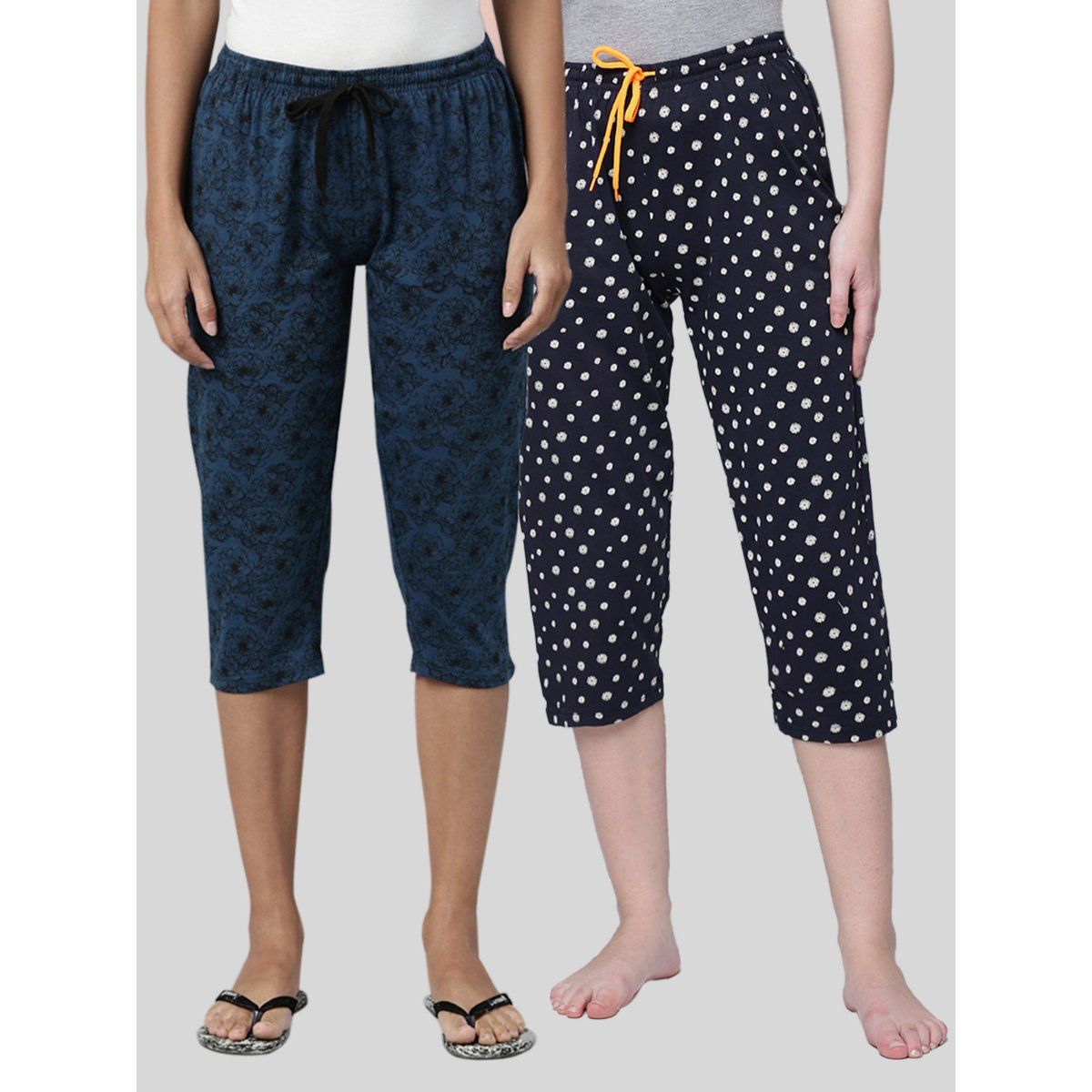 Kryptic Women Navy & Teal Blue Printed Regular Fit Cotton Capris (Pack ...