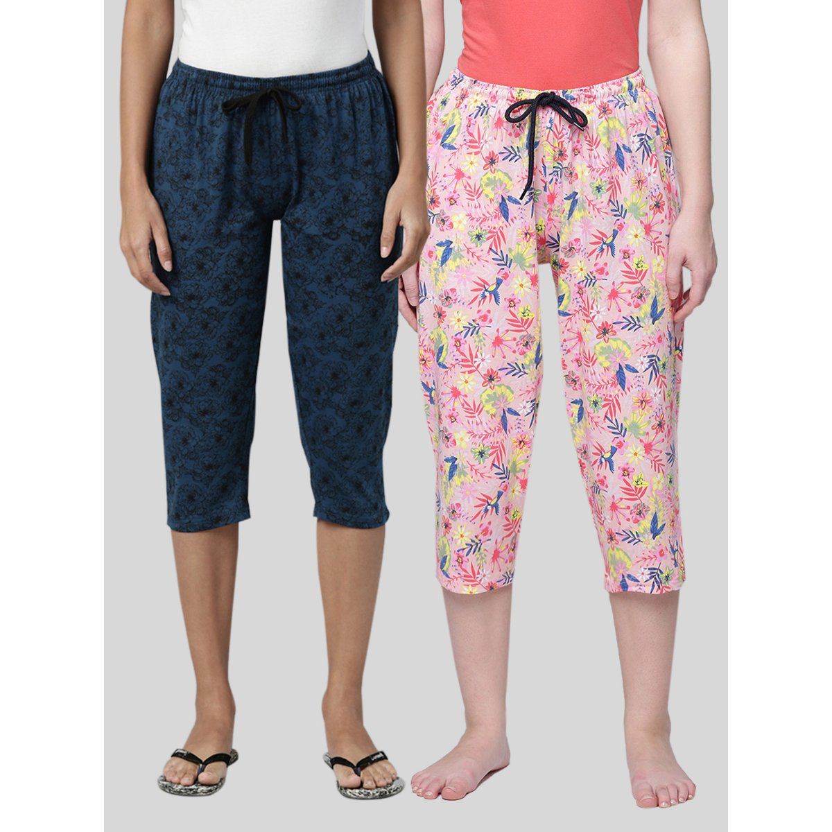 Kryptic Women Pink & Teal Blue Printed Regular Fit Cotton Capris (Pack ...