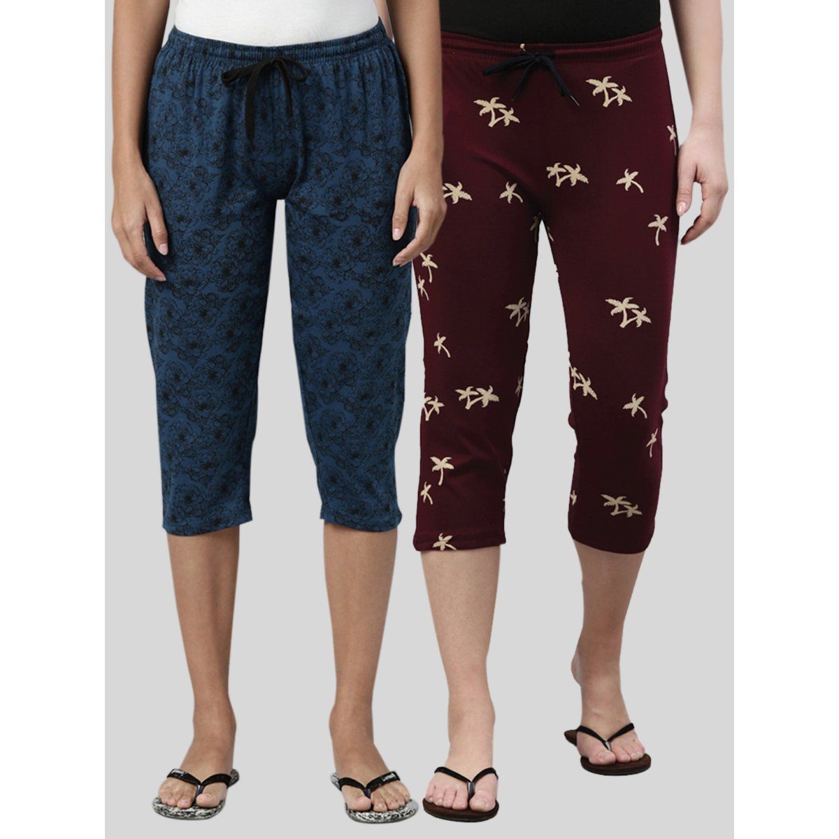 Buy Kryptic Women Maroon & Teal Blue Printed Regular Fit Cotton Capris ...