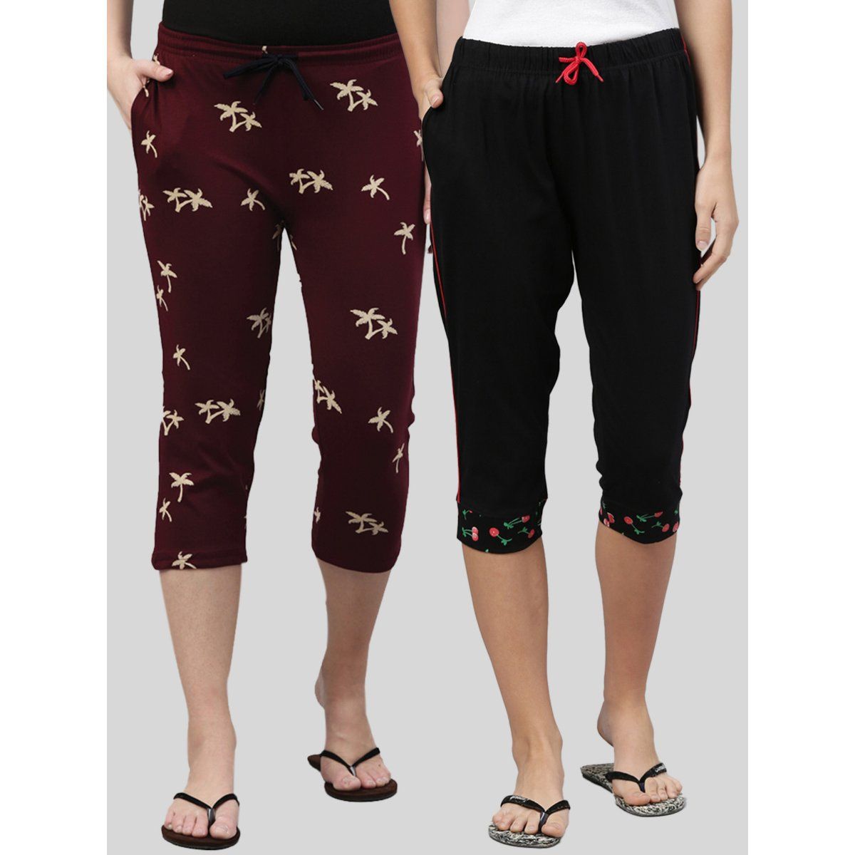 Kryptic Women Black & Maroon Printed Regular Fit Cotton Capris (Pack of ...