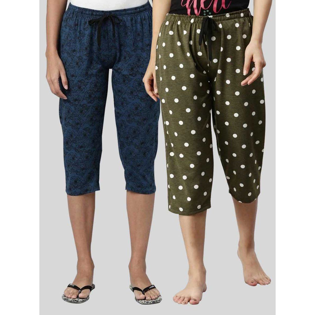 Buy Kryptic Women Green & Teal Blue Printed Regular Fit Cotton Capris ...
