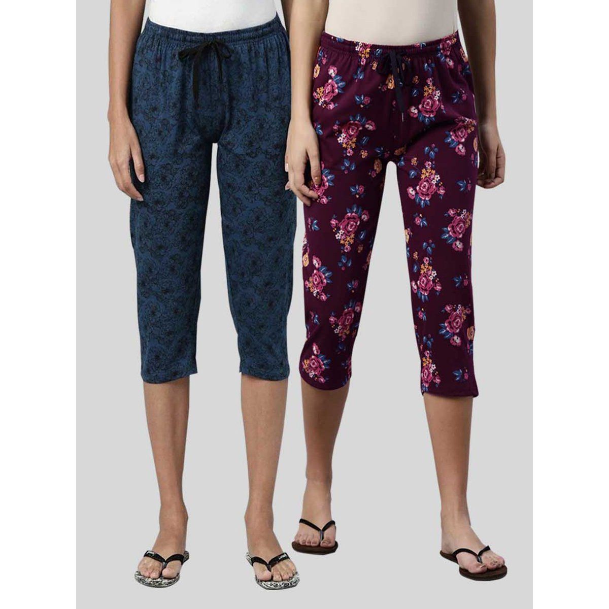 Buy Kryptic Women Maroon & Teal Blue Printed Regular Fit Cotton Capris ...