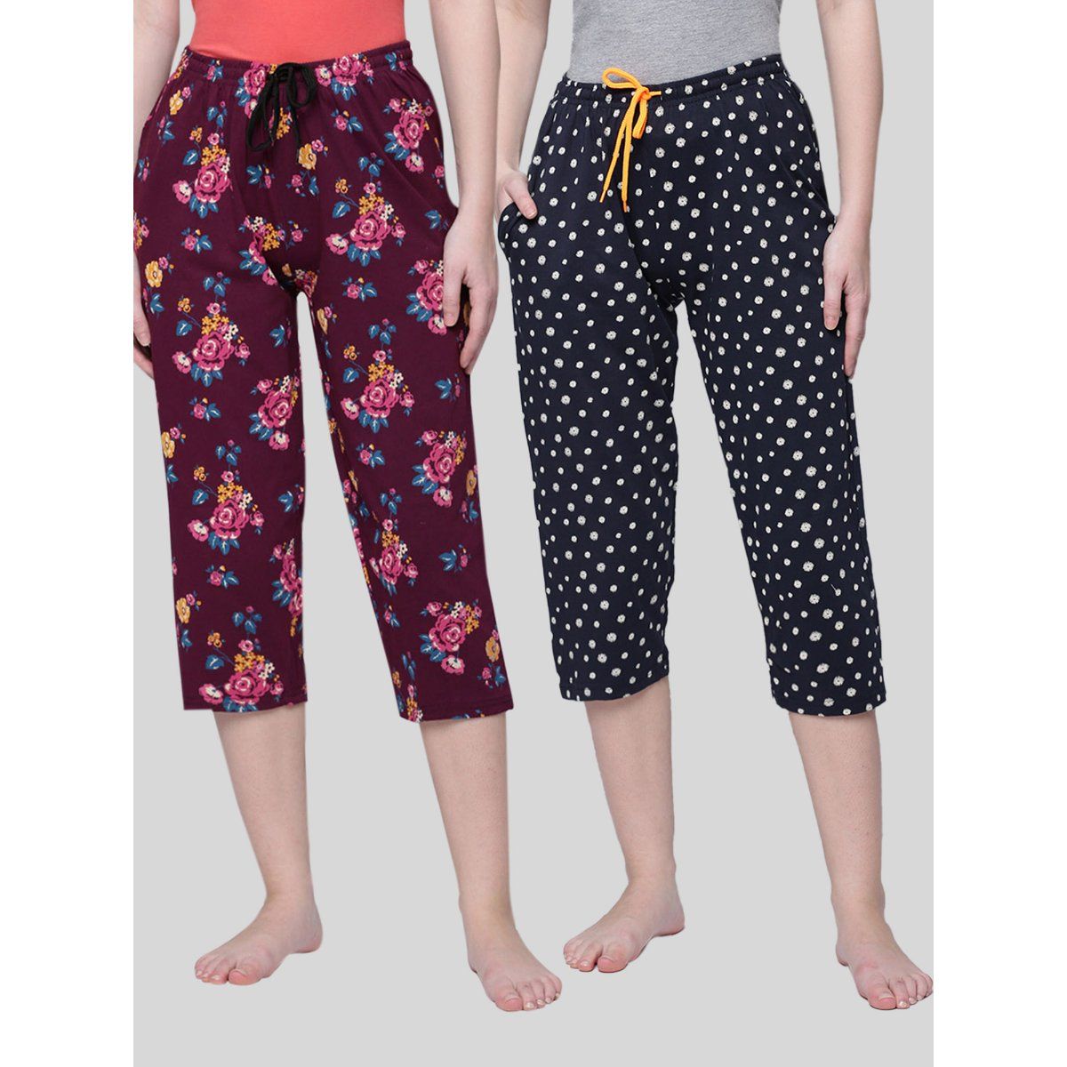 Buy Kryptic Women Maroon & Navy Printed Regular Fit Cotton Capris (Pack ...