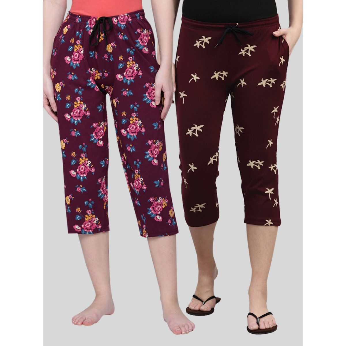 Kryptic Women Maroon Printed Regular Fit Cotton Capris (Pack of 2): Buy ...