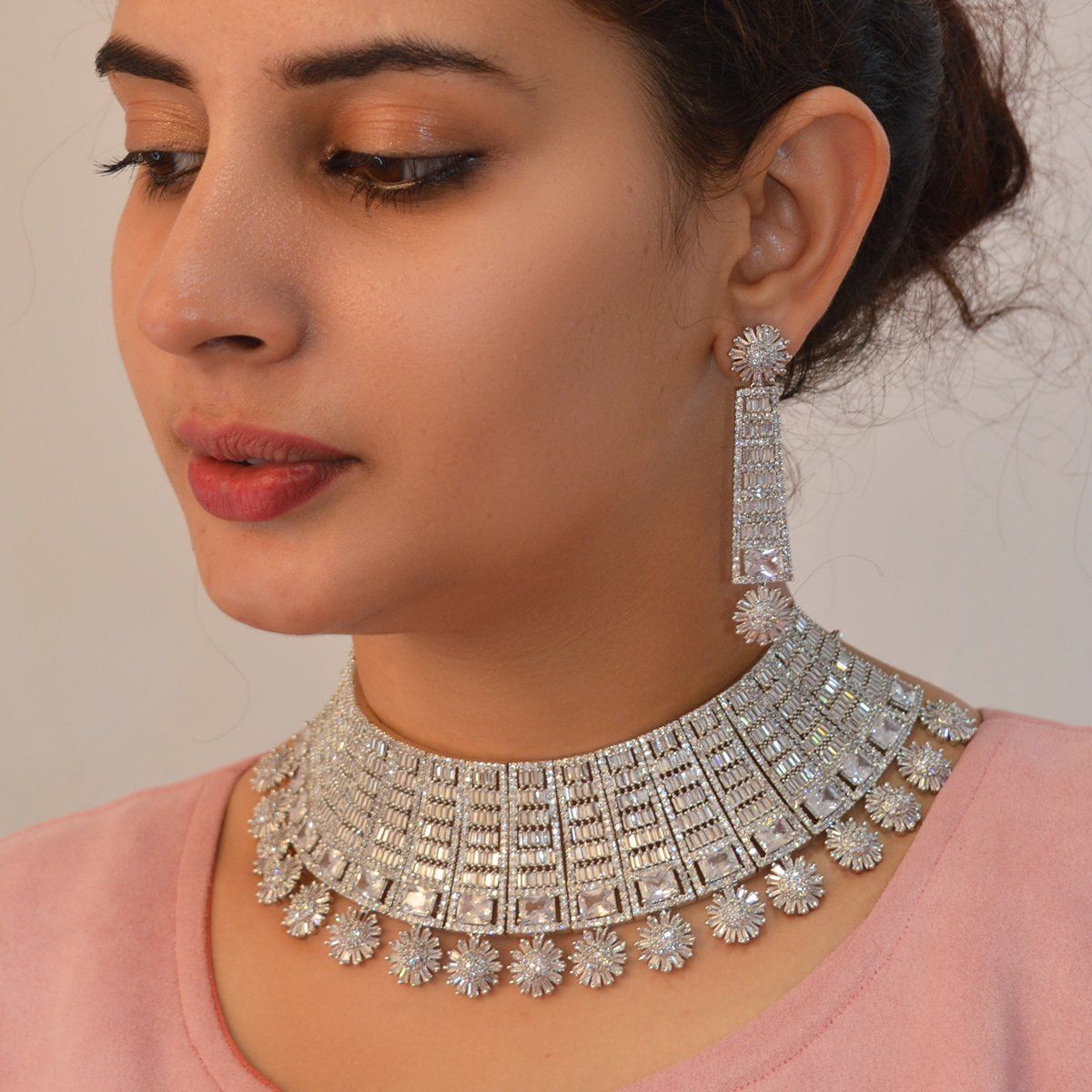 Buy Niscka American Diamond Rhodium Silver Maharani Haar Necklace Set ...