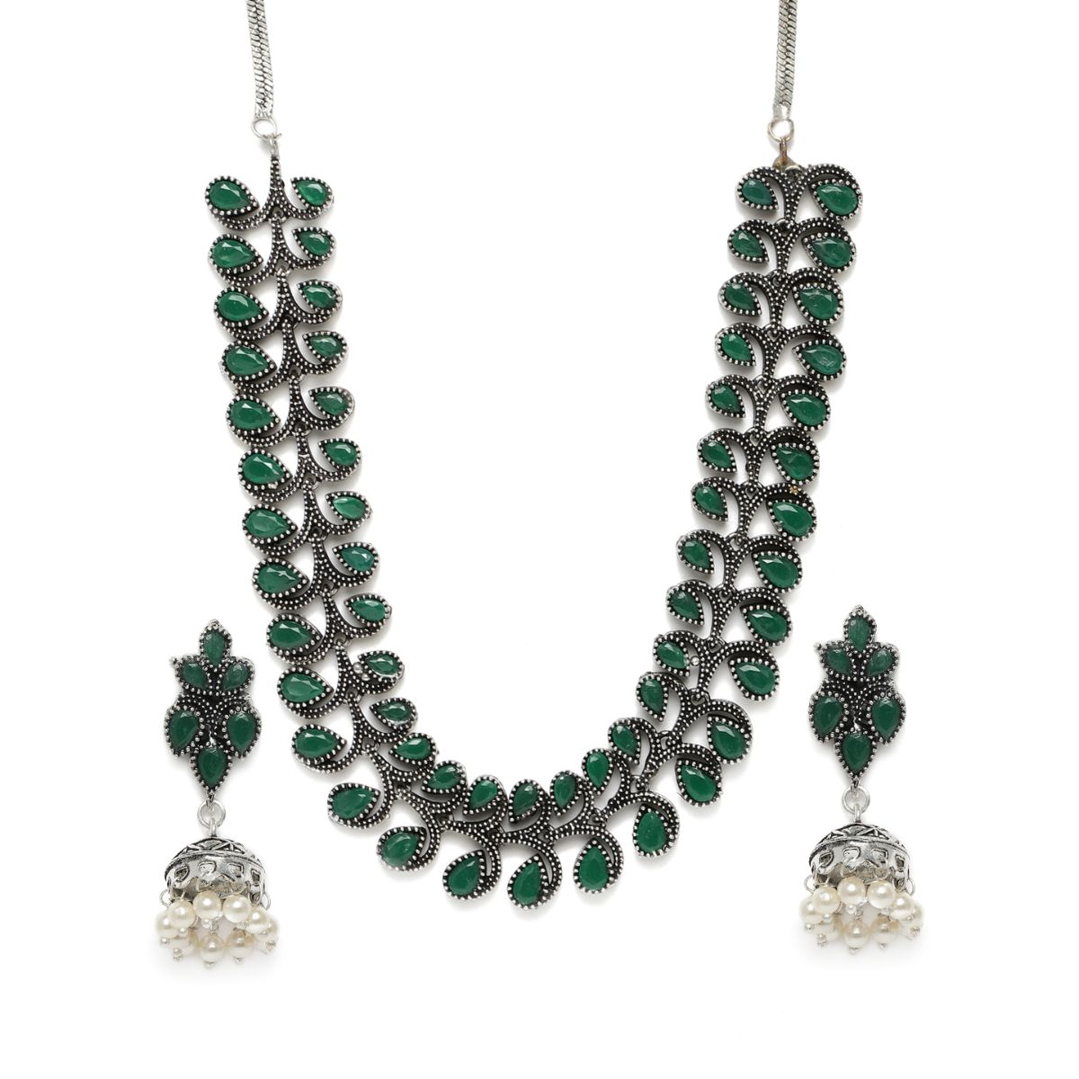 Buy LAIDA Silver Oxidized Handcrafted Green Teardrop Pattern Necklace ...