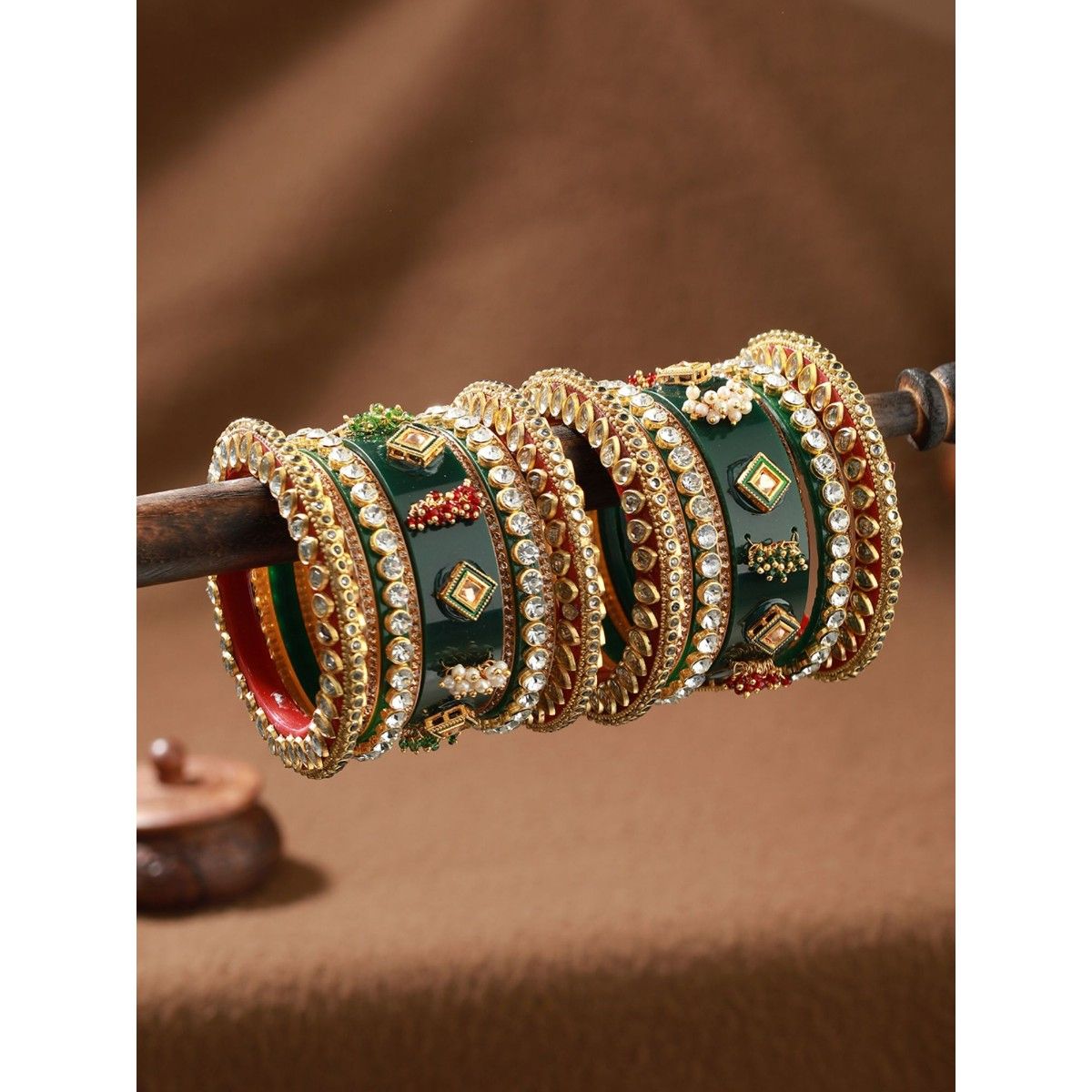 Jazz and Sizzle Gold Plated White Stone Studded & Beaded Green Chuda ...