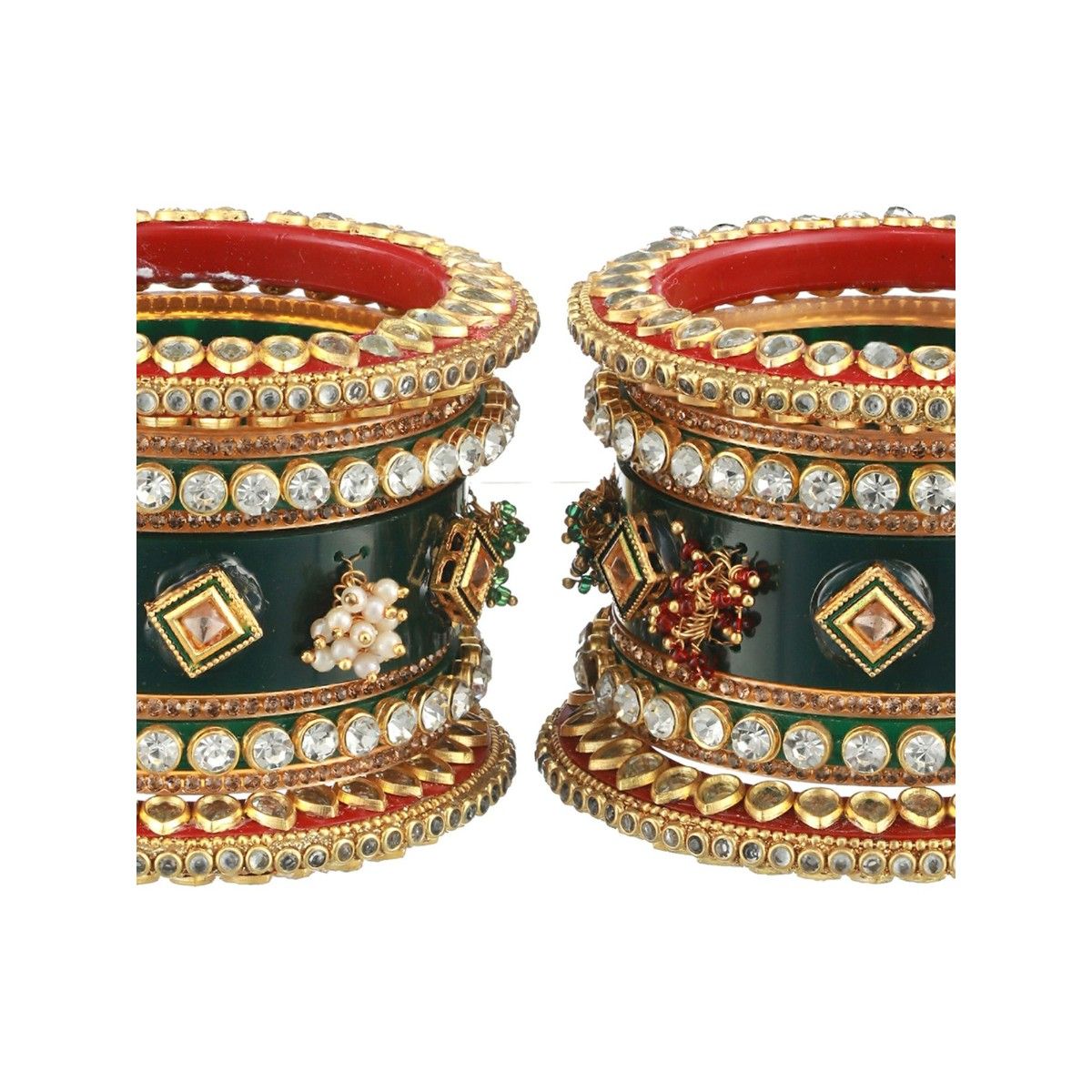 Jazz and Sizzle Gold Plated White Stone Studded & Beaded Green Chuda ...