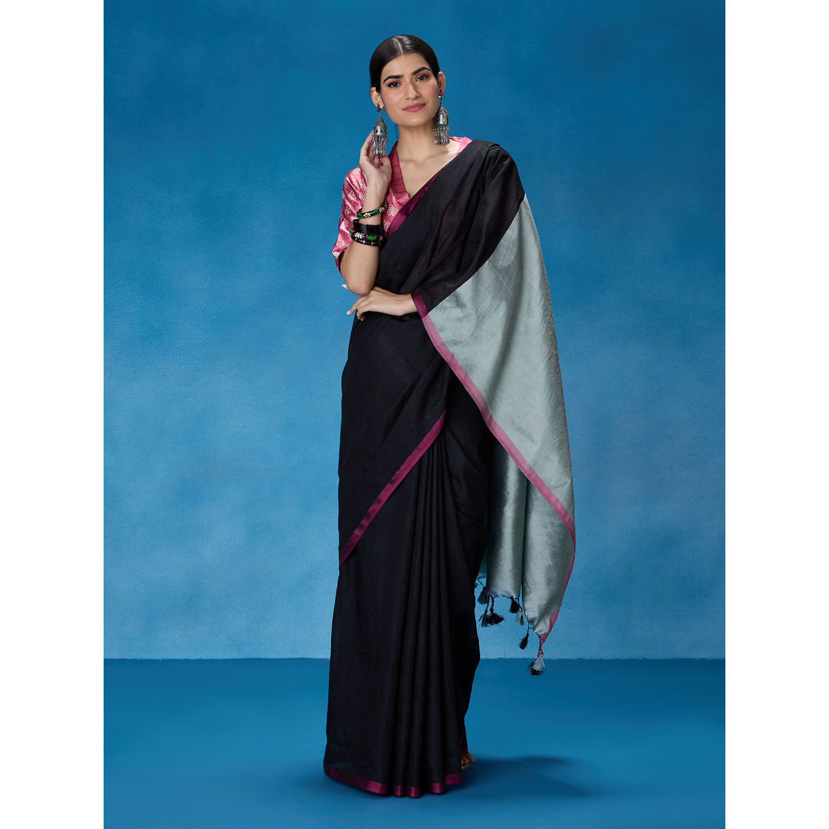 Buy Likha Black Viscose Blend Solid Colorblock Saree with Unstitched ...
