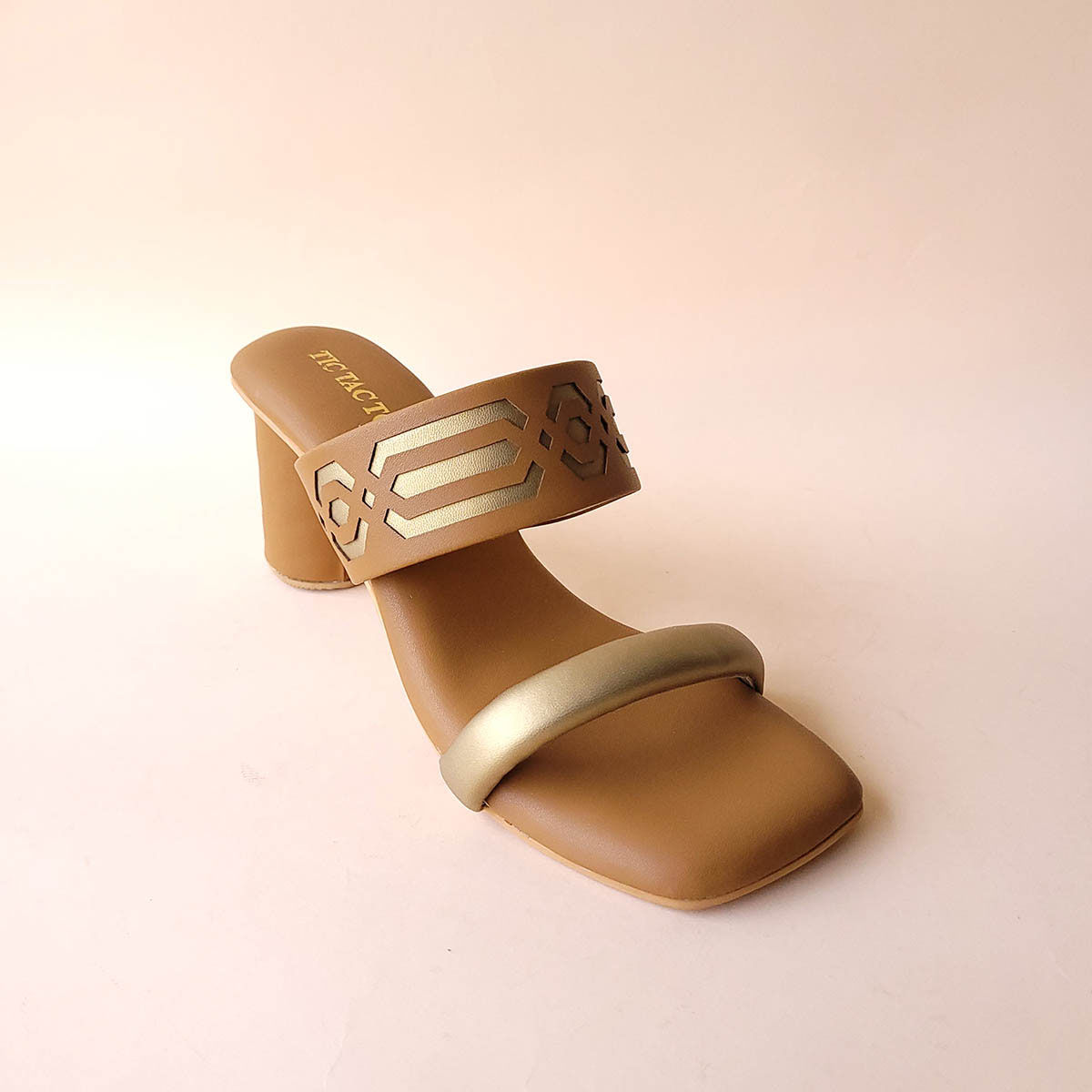 Buy Tic Tac Toe Tan Laser Cut 2 Strap Block Heels Online