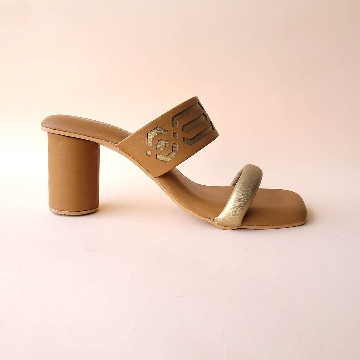 Buy Tic Tac Toe Tan Laser Cut 2 Strap Block Heels Online