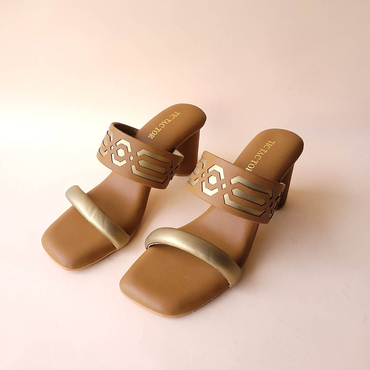 Buy Tic Tac Toe Tan Laser Cut 2 Strap Block Heels Online