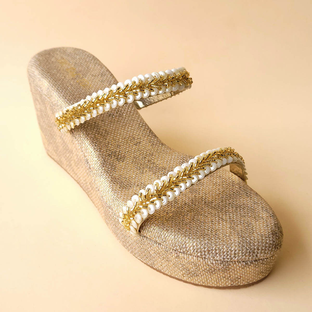 Buy Tic Tac Toe Gold & White Pearl 2 Strap Wedges Online