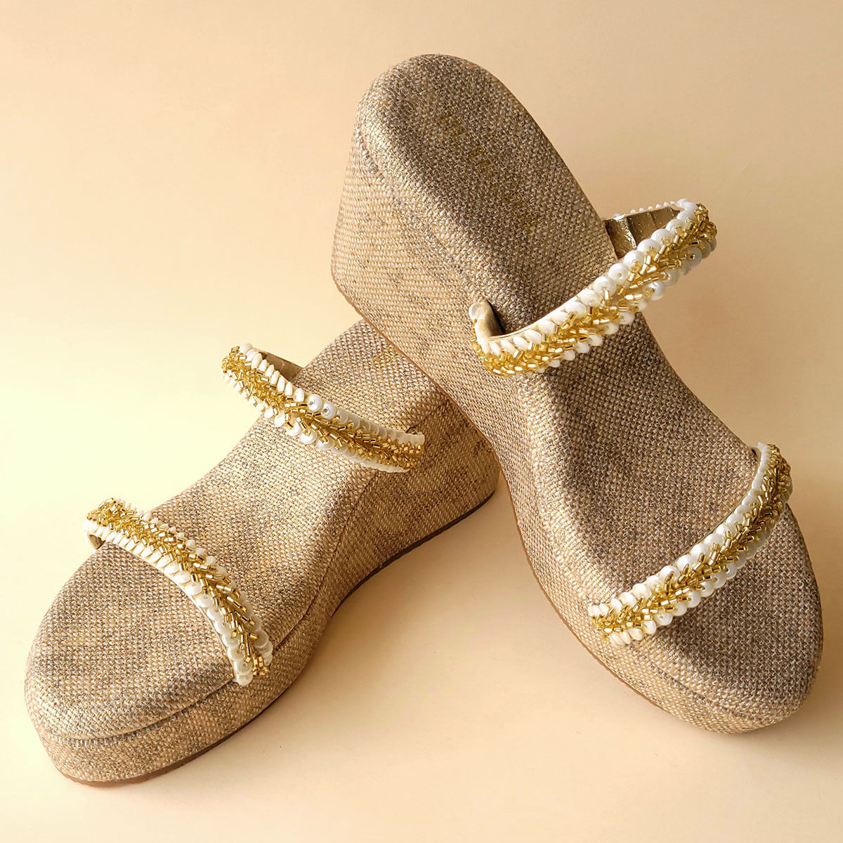 Buy Tic Tac Toe Gold & White Pearl 2 Strap Wedges Online