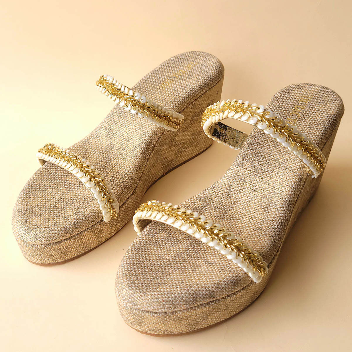 Buy Tic Tac Toe Gold & White Pearl 2 Strap Wedges Online