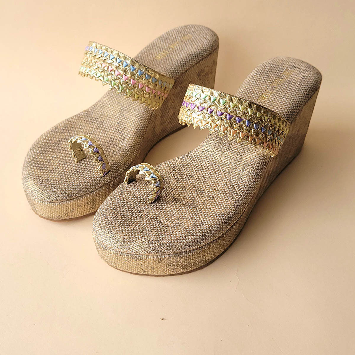 Buy Tic Tac Toe Multi-Color Lace Angootha Wedge Sandals Online