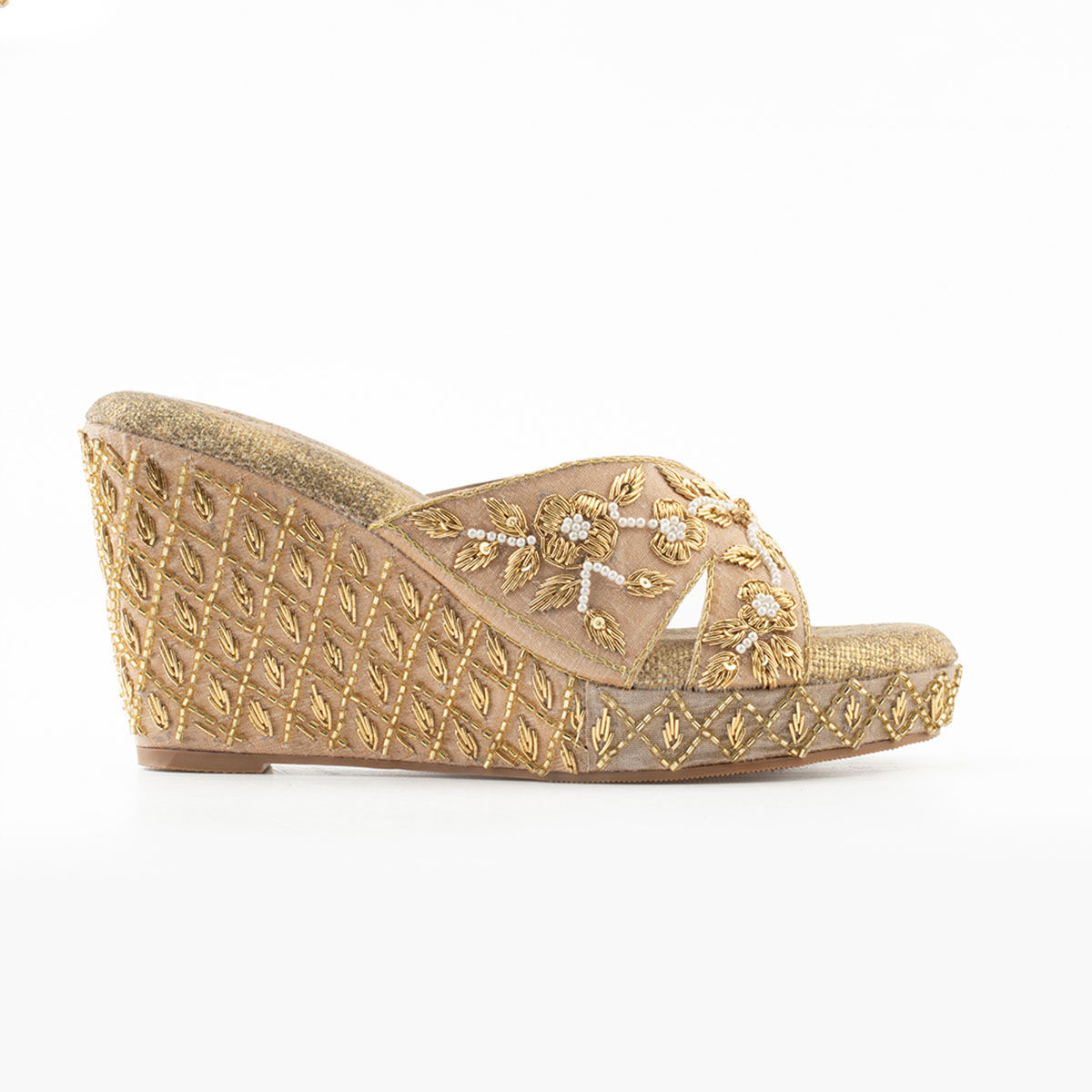 Buy Tic Tac Toe Tan & Brown Gold Heel Work Wedges Online