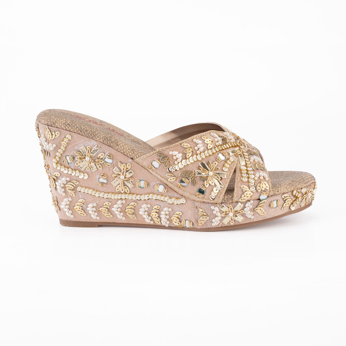 Buy Tic Tac Toe Nude Pearl Embroidered Full Heel Work Wedges Online