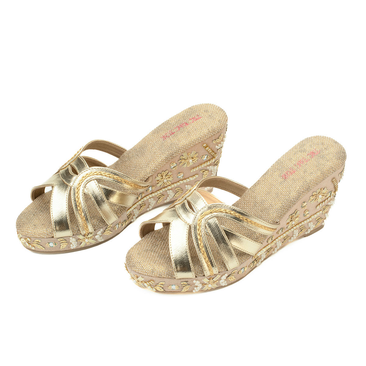 Tic Tac Toe Gold Pearl Embroidered Upper Wedges: Buy Tic Tac Toe Gold ...