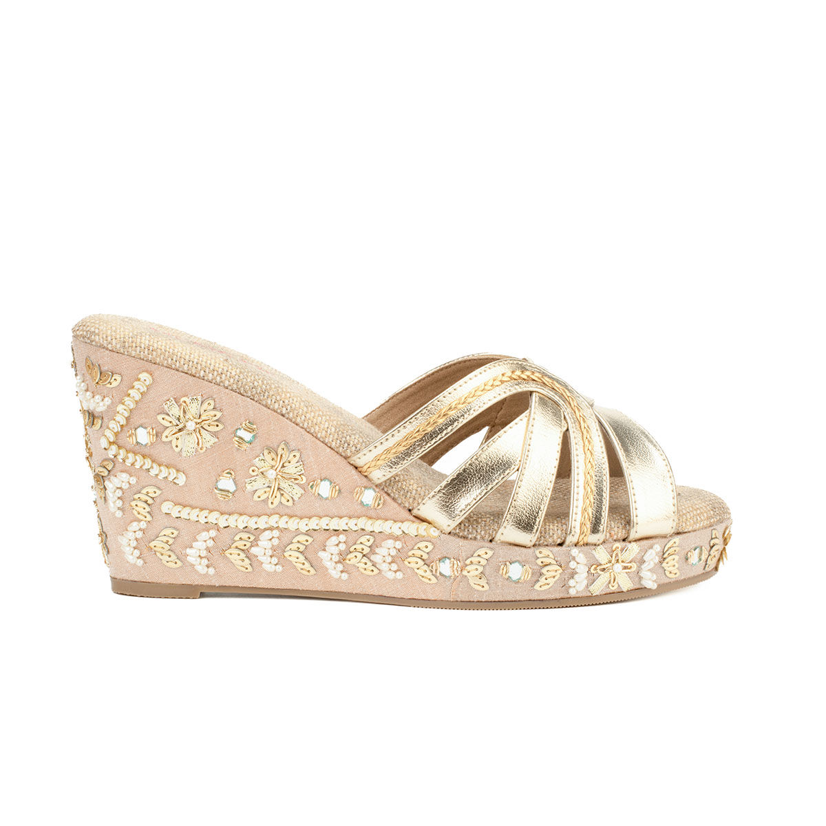 Tic Tac Toe Gold Pearl Embroidered Upper Wedges: Buy Tic Tac Toe Gold ...